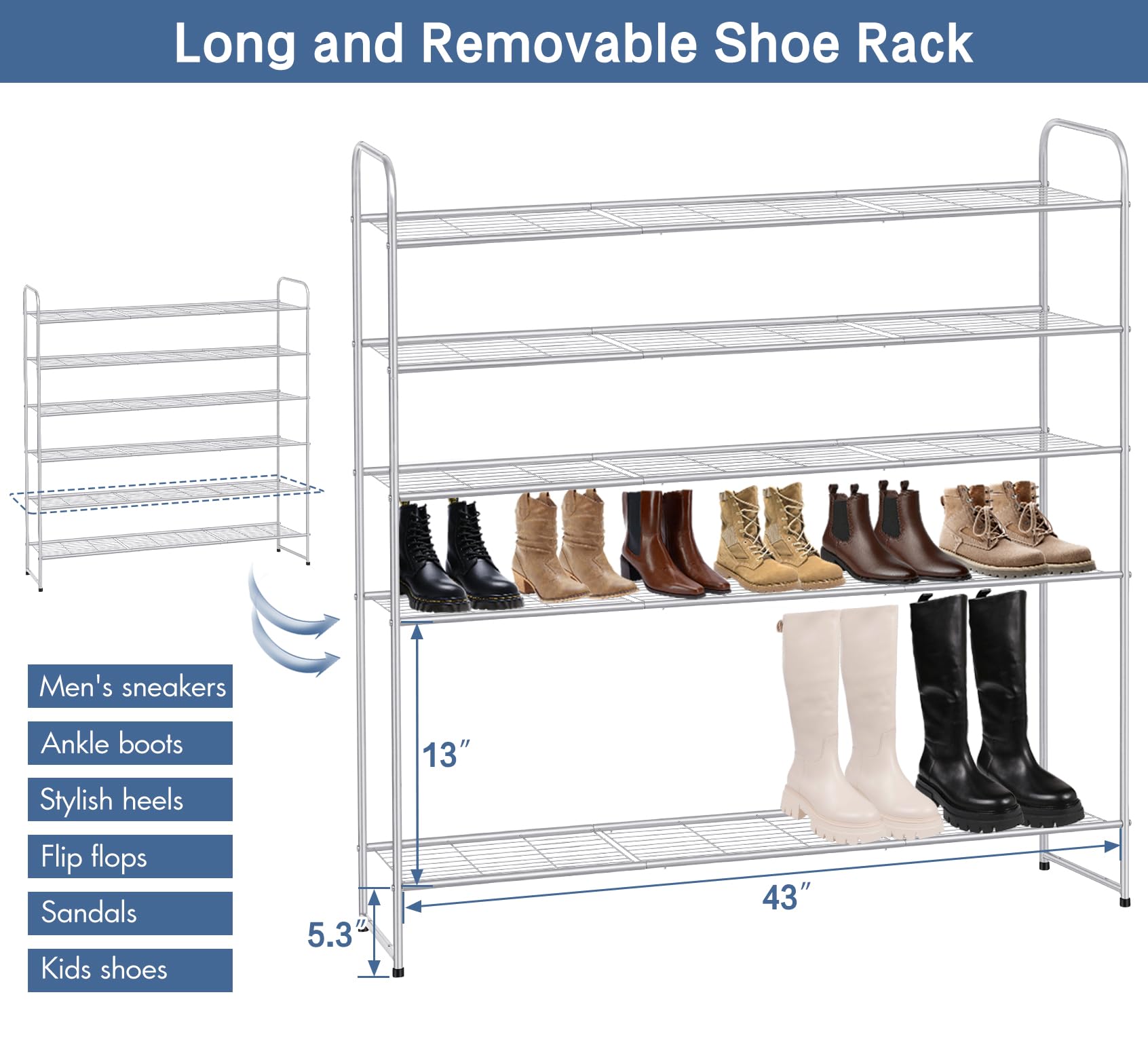 KEETDY Long 6 Tier Shoe Rack Organizer Tall Metal Shoe Organizer for Entryway Bedroom Floor Garage, Wide Shoe Shelf Storage Fits 42 Pairs Men Sneakers, Gray