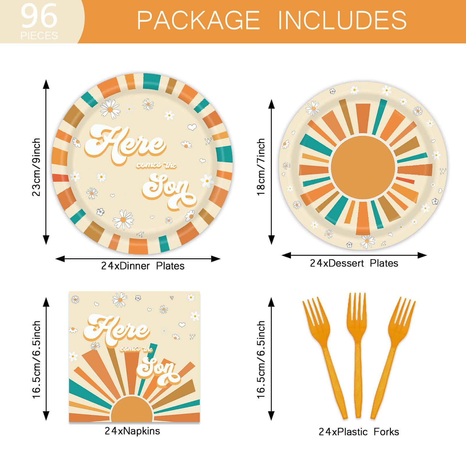 96 Pieces Here Comes The Son Tableware Set for Baby Shower Table Decorations Retro Sunshine Daisy Dessert Plates Napkins Forks for 24 Guests Boy Boho Sun Baby Shower Party Supplies