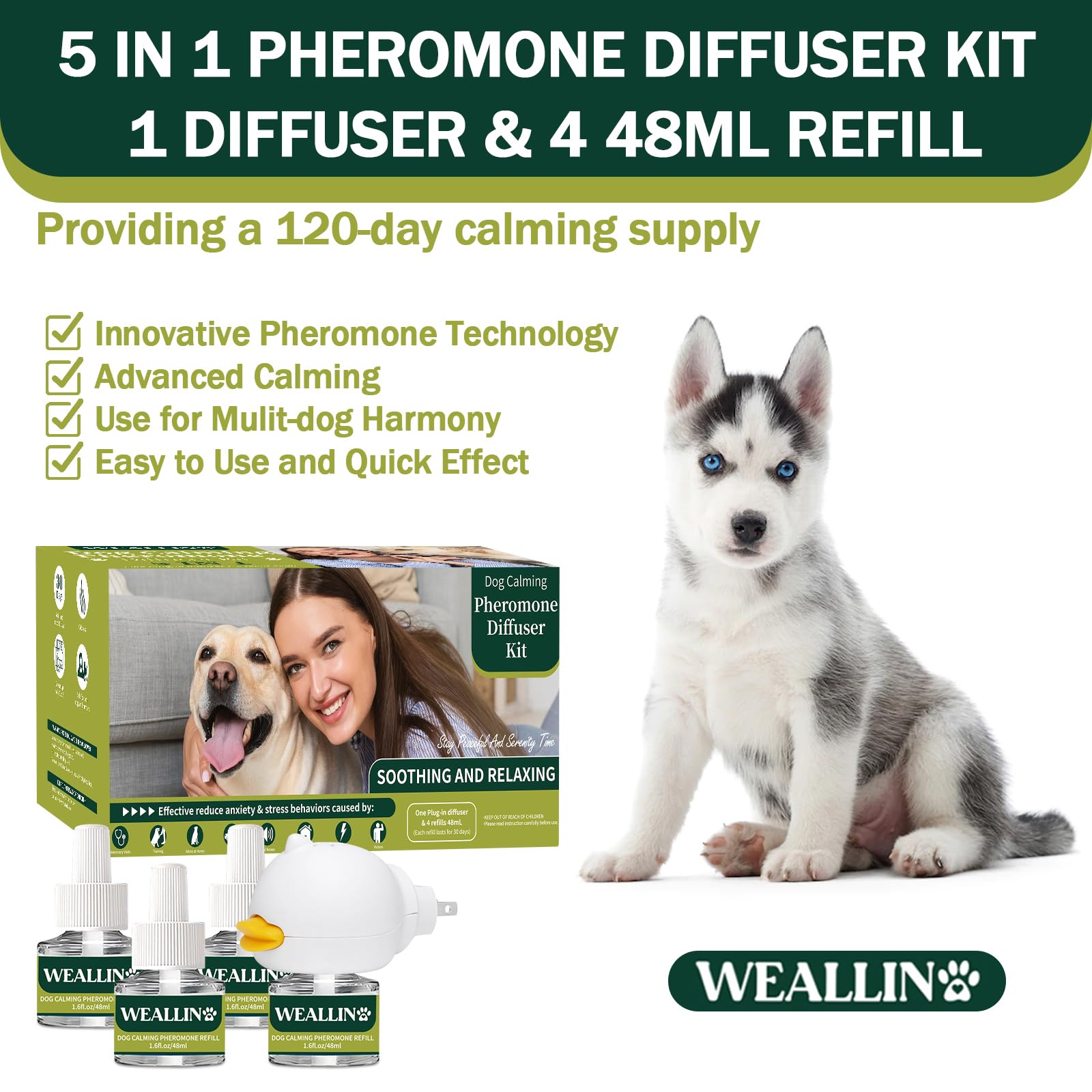 WEALLIN Dog Calming Diffuser Kit for Dog Anxiety Relief, 5-in-1 Dog Pheromone Diffuser Kit with 1 Diffuser +4 Refill 48ml Vial for 120-Day Use, Reduces Separation Anxiety, Aggression, and Stress