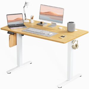 smug standing desk, adjustable height electric sit stand up down computer table, 48x24 inch ergonomic rising desks for work office home, modern lift motorized gaming desktop workstation, natural