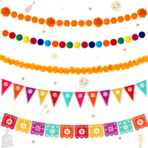 preboun 5 pcs day of the dead party decorations marigold flowers garland papel picado banner fiesta cinco de mayo banner pom pom wool felt ball garland for mexican party dia de los muertos decorations