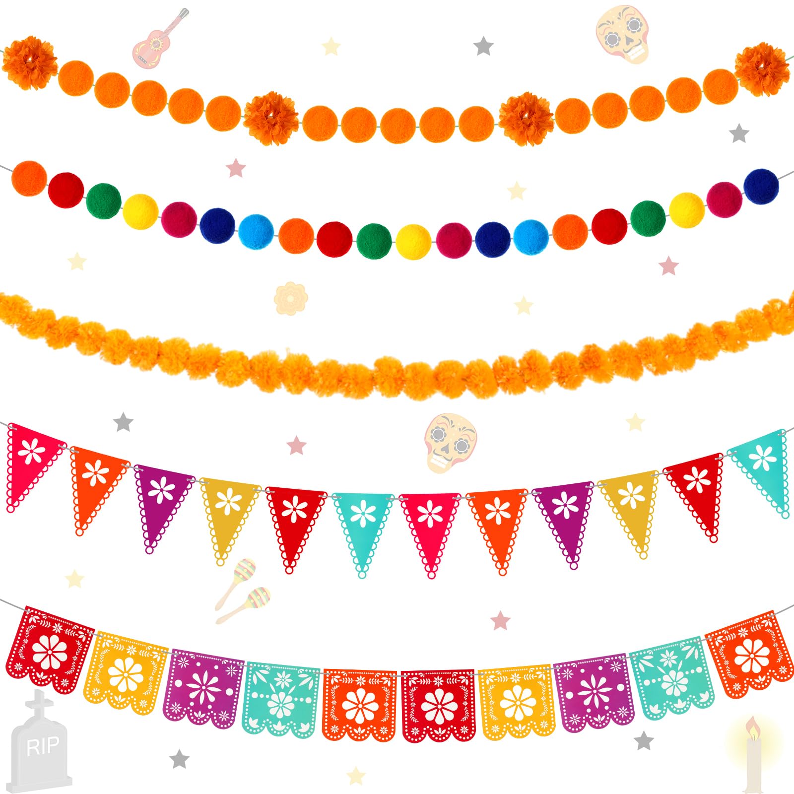 Preboun 5 Pcs Day of the Dead Party Decorations Marigold Flowers Garland Papel Picado Banner Fiesta Cinco De Mayo Banner Pom Pom Wool Felt Ball Garland for Mexican Party Dia De Los Muertos Decorations