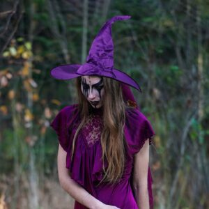 LUTER Halloween Witch Hat, 17.7x17.7 inch Ruched Witch Hat Wizard Hat Decoration Pointed Costume Witch Hat for Kids Cosplay Accessories for Halloween Party Masquerade (Purple)