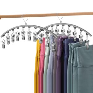 gray legging organizer for closet, metal yoga pants hangers 2 pack w/10 clips holds 20 leggings hangers space saving hanging closet organizer w/rubber coated closet for organizers and storage