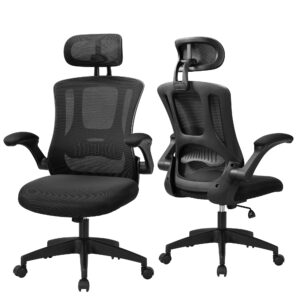 primezone ergonomic office desk chair - computer chair with adjustable flip-up armrests, lumbar support, headrest & tilt function, comfortable task chair for work study, 350 lbs capacity, black