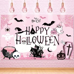 dpkow pink happy halloween backdrop banner, extra large pink halloween birthday party decorations girls kid black pink halloween decorations background for halloween baby shower boo day, 70.8×43.3inch