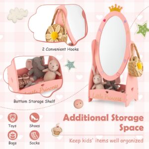 HONEY JOY 3 Piece Kids Vanity Set, Girls Vanity Table & Chair Set, Princess Toy Box, 360° Rotatable Freestanding Dressing Mirror w/Storage Shelf, Kids Room Furniture Set for Playroom Bedroom, Pink