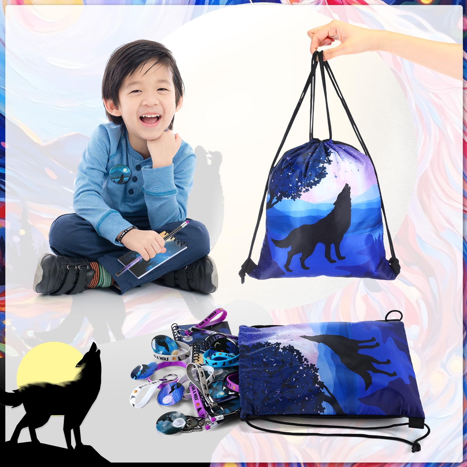 Zhanmai 90 Pcs Wolf Party Favors with Cool Wolf Bags Wolf Keychains Wolf Button Pins Mini Notebooks Rubber Bracelet Galaxy Pencils for Wolf Themed Birthday Party Baby Shower Holiday