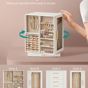 SONGMICS Jewelry Box 360° Rotating, Jewelry Storage Case with 5 Drawers, Jewelry Organizer, Glass Window, Spacious, Vertical Jewelry Storage, Open Design, Christmas Gift, Cloud White UJBC170W01