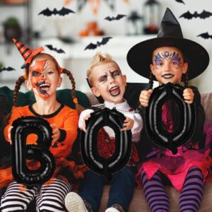 BOO Foil Balloons Set with 3D PVC Bats, Black 16 Inch Halloween BOO Banner Balloon Kit with 12pcs Fake Bats, Boo Mylar Letter Balloons Bunting for Horror Halloween Night Party Decorations Supplies