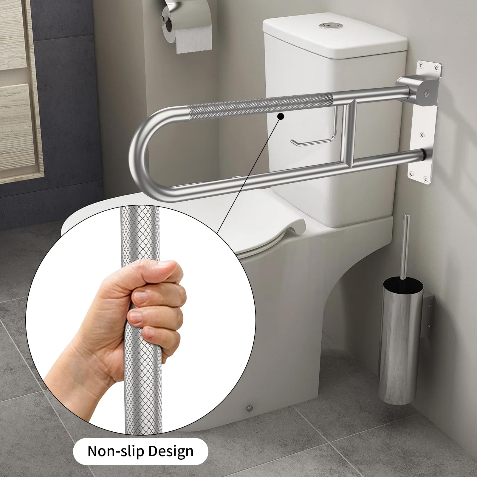 Toilet Grab Bar 30.3 Inch, YuanDe Brushed Nickel Anti-Slip Support Rail, U Shaped Flip-Up Grab Bar with Paper Holder, Stainless Steel Knurled Handicap Safety Handrails for Disabled Elderly Pregnant