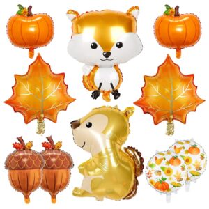 fall balloons, thanksgiving acorn fox maple leaf squirrel pumpkin mylar foil balloons, harvest autumn party balloons for birthday baby shower thanksgiving party decorations - pack of 10