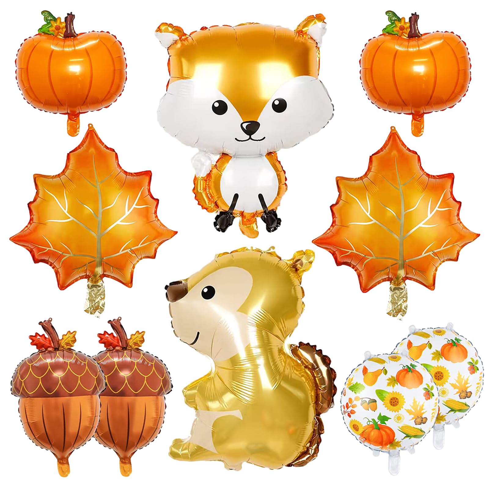 Fall Balloons, Thanksgiving Acorn Fox Maple Leaf Squirrel Pumpkin Mylar Foil Balloons, Harvest Autumn Party Balloons for Birthday Baby Shower Thanksgiving Party Decorations - Pack of 10