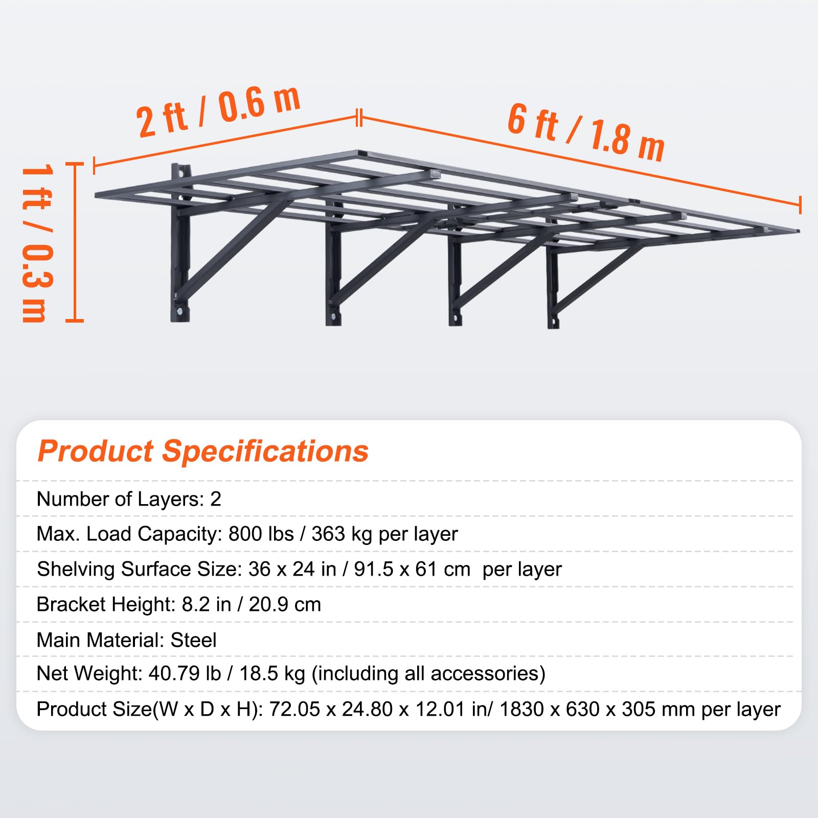 VEVOR Garage Shelving Wall Mounted, 2 x 6 ft Heavy Duty Garage Wall Shelves, 1600 lbs Load Capacity Garage Storage Rack Floating Shelves, 2 Pack, Suitable for Shop, Shed, Garage Storage, Black