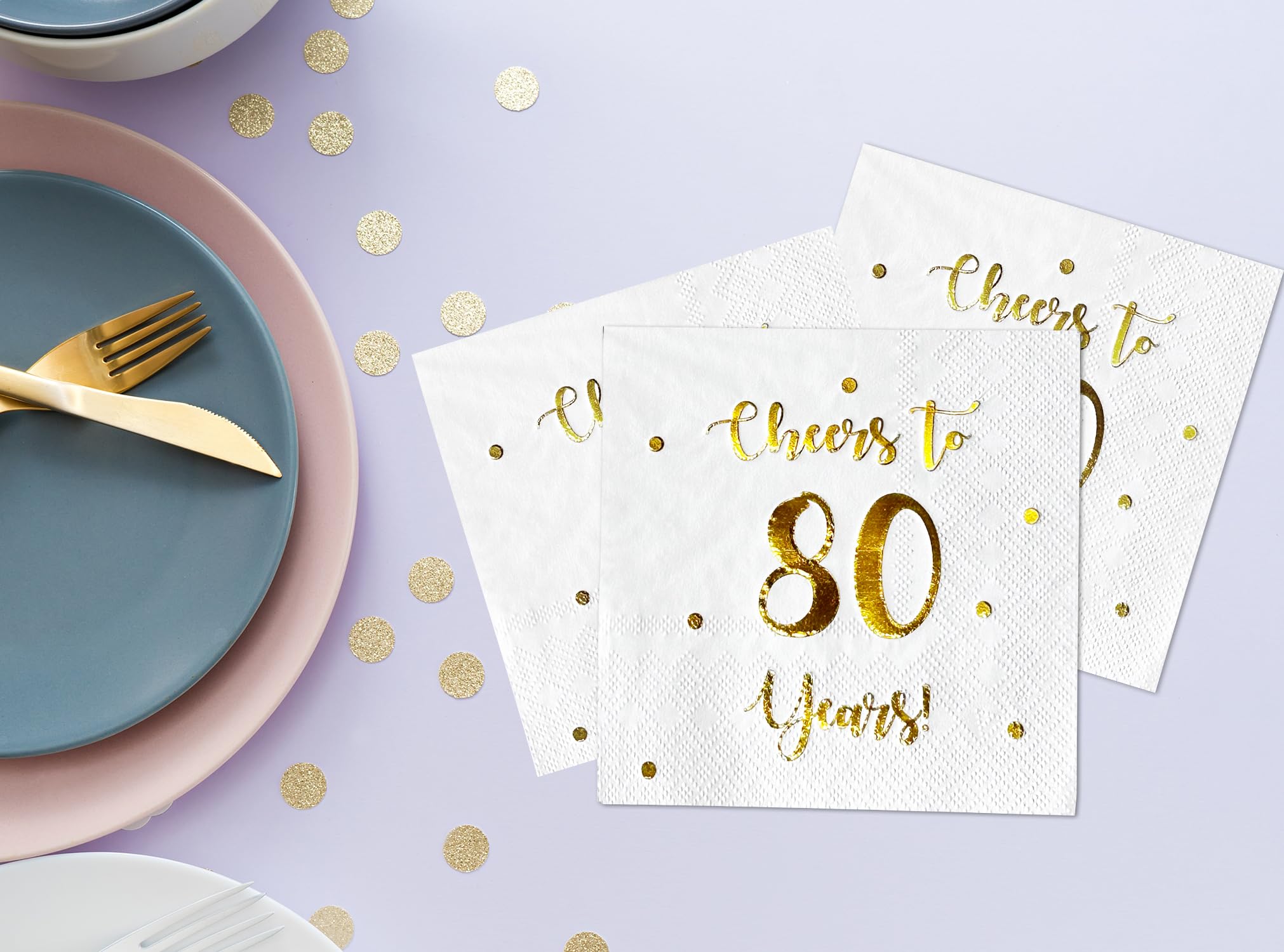 Cheers to 80 Years Cocktail Napkins | Happy 80th Birthday Decorations for Men and Women and Wedding Anniversary Party Decorations | 50-Pack 3-Ply Napkins | 5 x 5 inch folded (White)