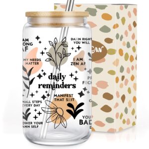 coolife positive daily affirmations cup - mental health, funny sobriety, christmas, inspirational, motivational gifts for women, 16 oz drinking tumbler glass cups w/lids straws for iced coffee