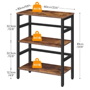 HOOBRO 3 Tier Bookshelf, 23.6"L Industrial Bookcase, Record Storage Rack with Side Fence, Wood Storage Shelf with Metal Frame, Rustic Open Display Shelf for Living Room, Bedroom, Rustic Brown BF86CJ01