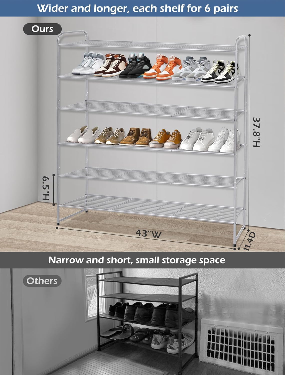 KEETDY Long 6 Tier Shoe Rack Organizer Tall Metal Shoe Organizer for Entryway Bedroom Floor Garage, Wide Shoe Shelf Storage Fits 42 Pairs Men Sneakers, Gray