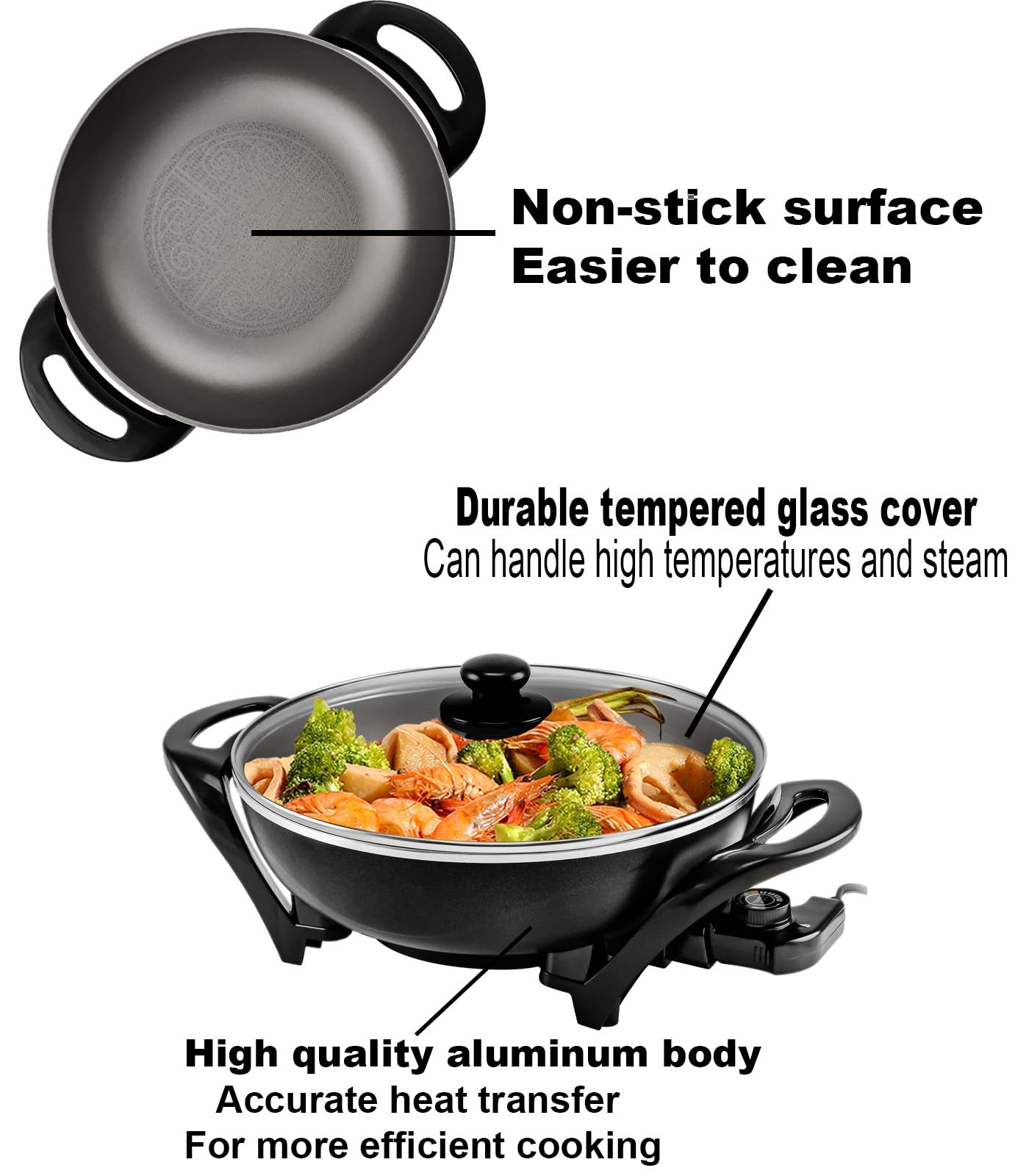 Electric Wok With Lid Nonstick - Electric Skillet Serves For 6 People, Portable Countertop Cooking Wok, 5-Dial Temperature Control, 13inch, Black