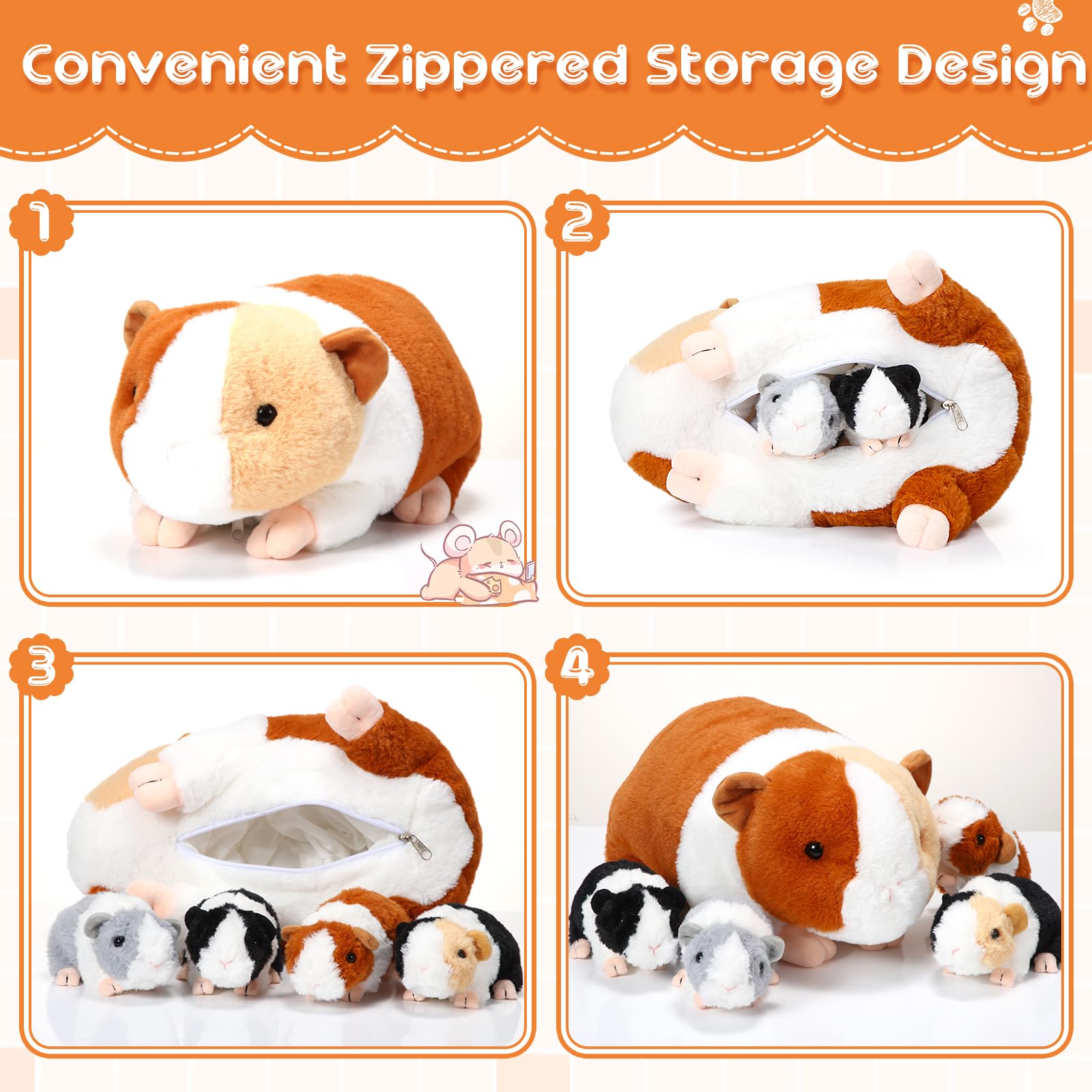 Jenaai 5 Pcs Christmas Plush Guinea Pig Stuffed Animals 16 Inch Mama Guinea Pig with 4 Cute Plushie Babies Soft Guinea Pig Plush Pillow Gift for Boys Girls Birthday Christmas