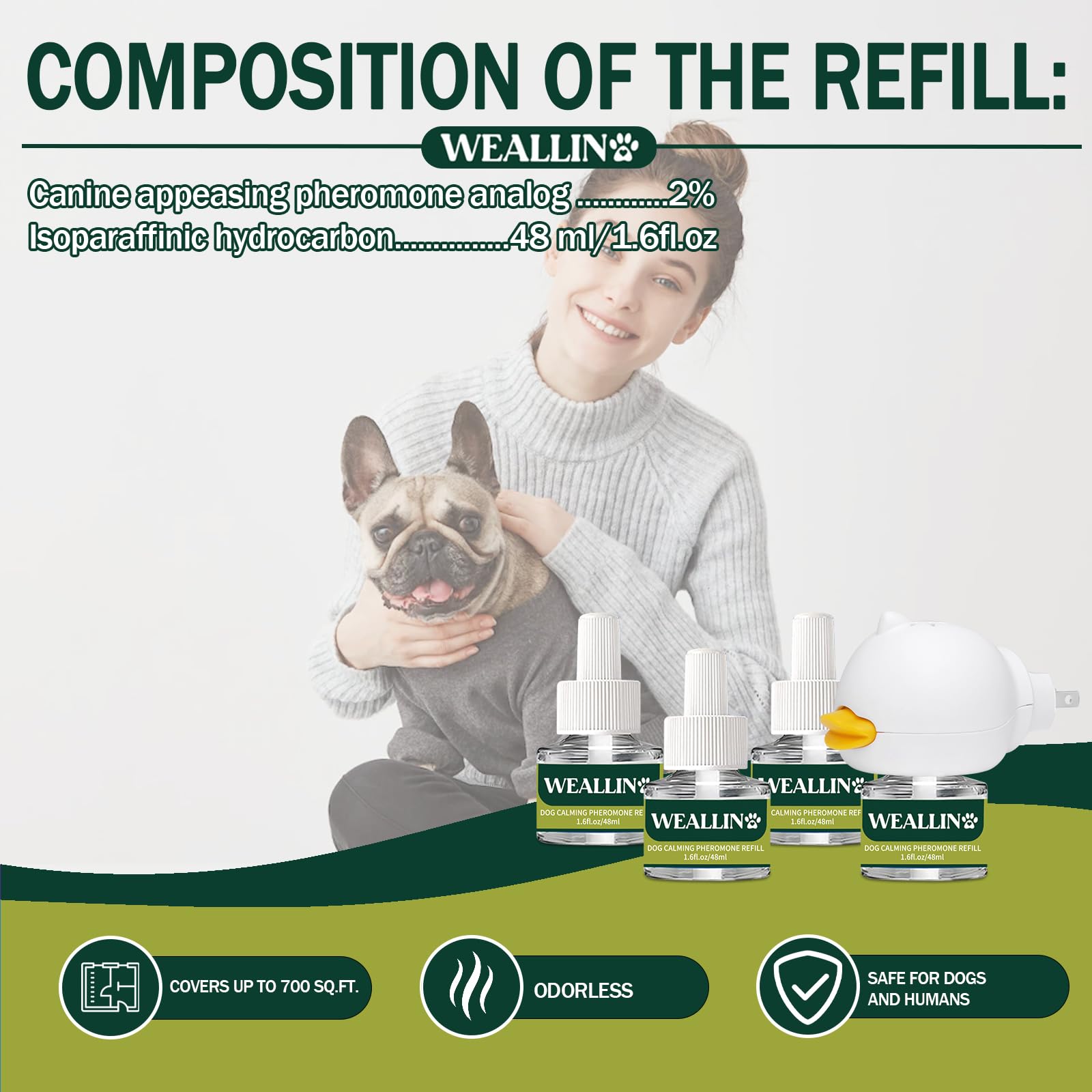 WEALLIN Dog Calming Diffuser Kit for Dog Anxiety Relief, 5-in-1 Dog Pheromone Diffuser Kit with 1 Diffuser +4 Refill 48ml Vial for 120-Day Use, Reduces Separation Anxiety, Aggression, and Stress