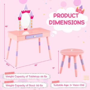 HONEY JOY 3 Piece Kids Vanity Set, Girls Vanity Table & Chair Set, Princess Toy Box, 360° Rotatable Freestanding Dressing Mirror w/Storage Shelf, Kids Room Furniture Set for Playroom Bedroom, Pink