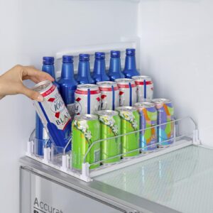 Rula Drink Organizer for Fridge, Width Adjustable Water Bottle Pusher Glide, Self-Pushing Soda Can Dispenser for Refrigerator - Holds up to 15 Cans (15"D, 3 Rows)