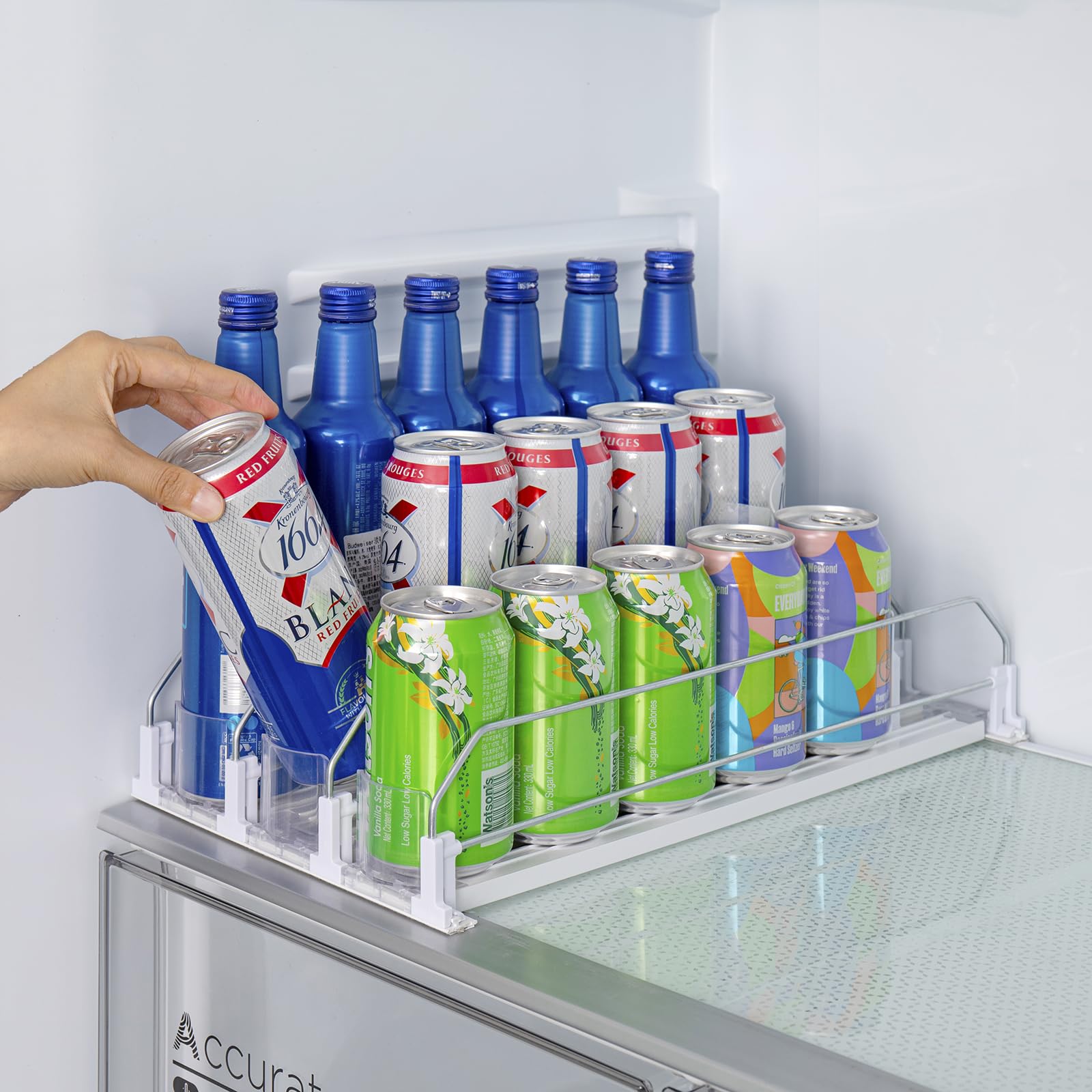 Rula Drink Organizer for Fridge, Width Adjustable Water Bottle Pusher Glide, Self-Pushing Soda Can Dispenser for Refrigerator - Holds up to 15 Cans (15"D, 3 Rows)