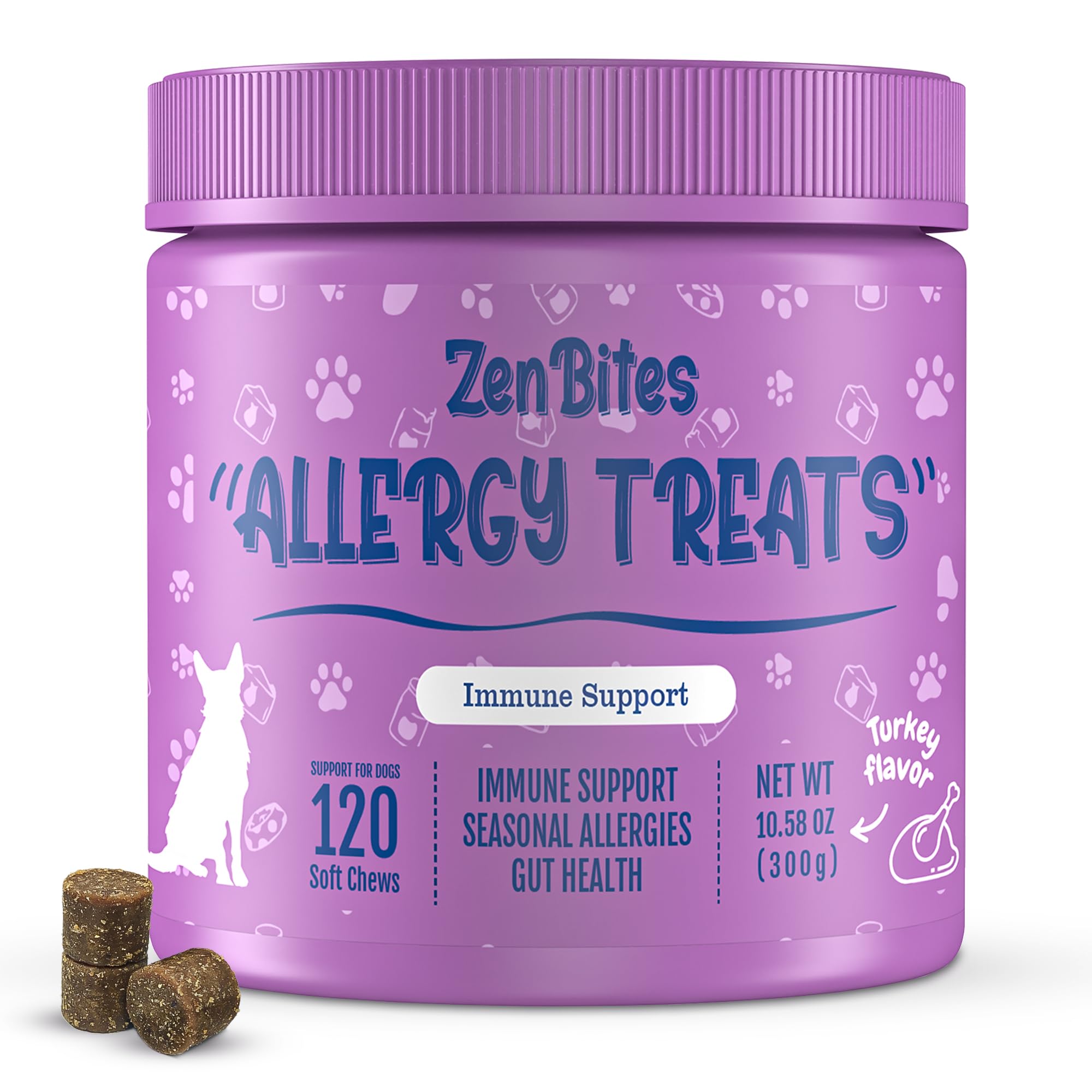 ZenBites Organic Allergy Vitamin Chews Anti Itch Supplement Dog Allergy Relief for Skin & Seasonal Allergies Omega 3 Probiotics for Dogs Salmon Oil Blend with Vitamin C Turkey - 120 Count