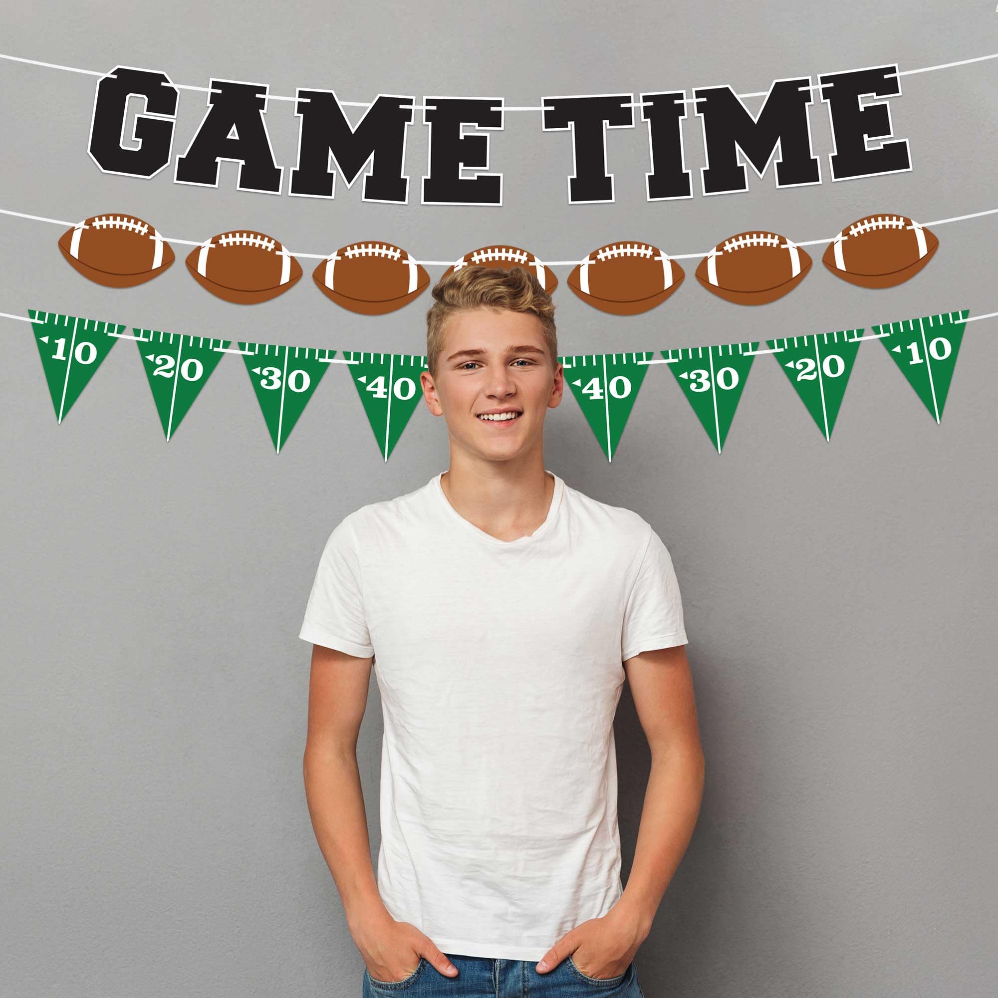 Pre-Strung Game Time Football Banner - No DIY - Football Party Banner - Pre-Strung Garland on 8 ft Strands - Football Birthday Party Decorations. Sports Fantasy Football Party. Did we mention no DIY?