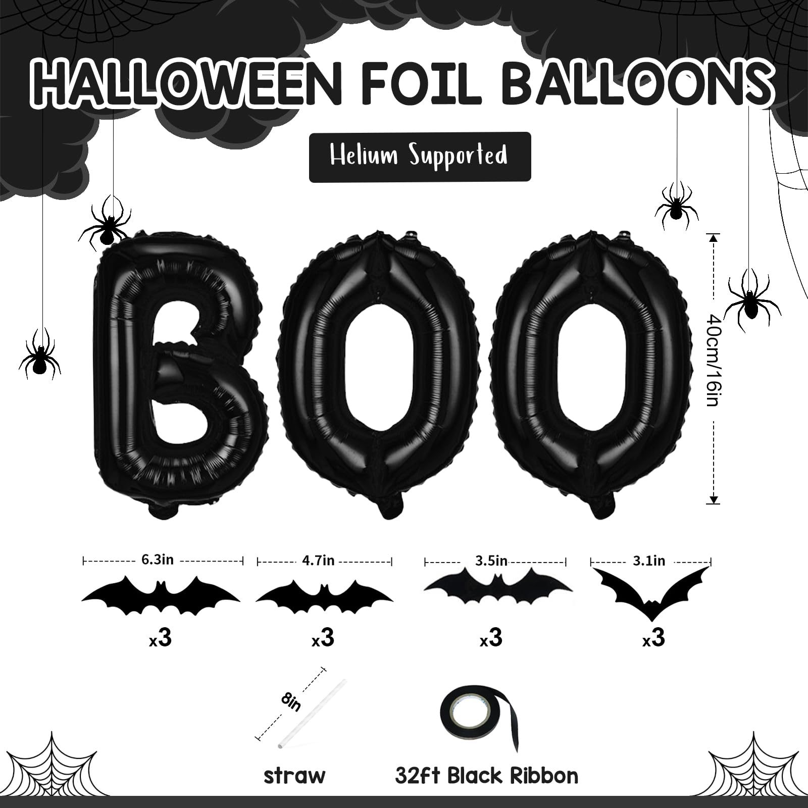 BOO Foil Balloons Set with 3D PVC Bats, Black 16 Inch Halloween BOO Banner Balloon Kit with 12pcs Fake Bats, Boo Mylar Letter Balloons Bunting for Horror Halloween Night Party Decorations Supplies