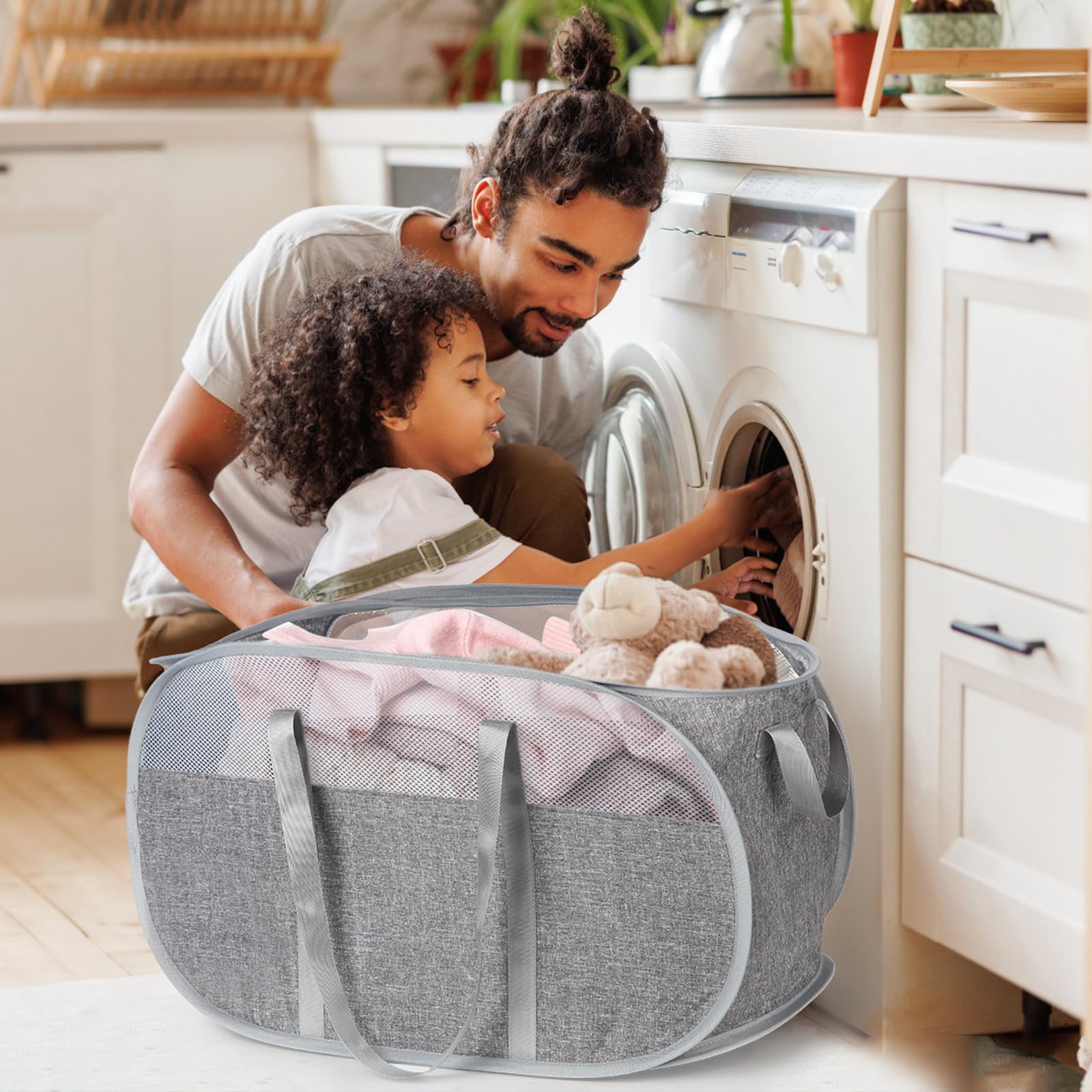 Collapsible Laundry Baskets, Foldable Mesh Clothes Hamper with Reinforced Handles, Durable Pop Up Hampers for Laundry, Tear Proof & Easy to Carry Laundry Hamper for Home, Laundry, Dorm, Travel Grey