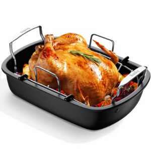 nonstick turkey roasting pan with rack, 17 x 13 inch turkey pan, large roaster pan for meat & vegetable, (silver)