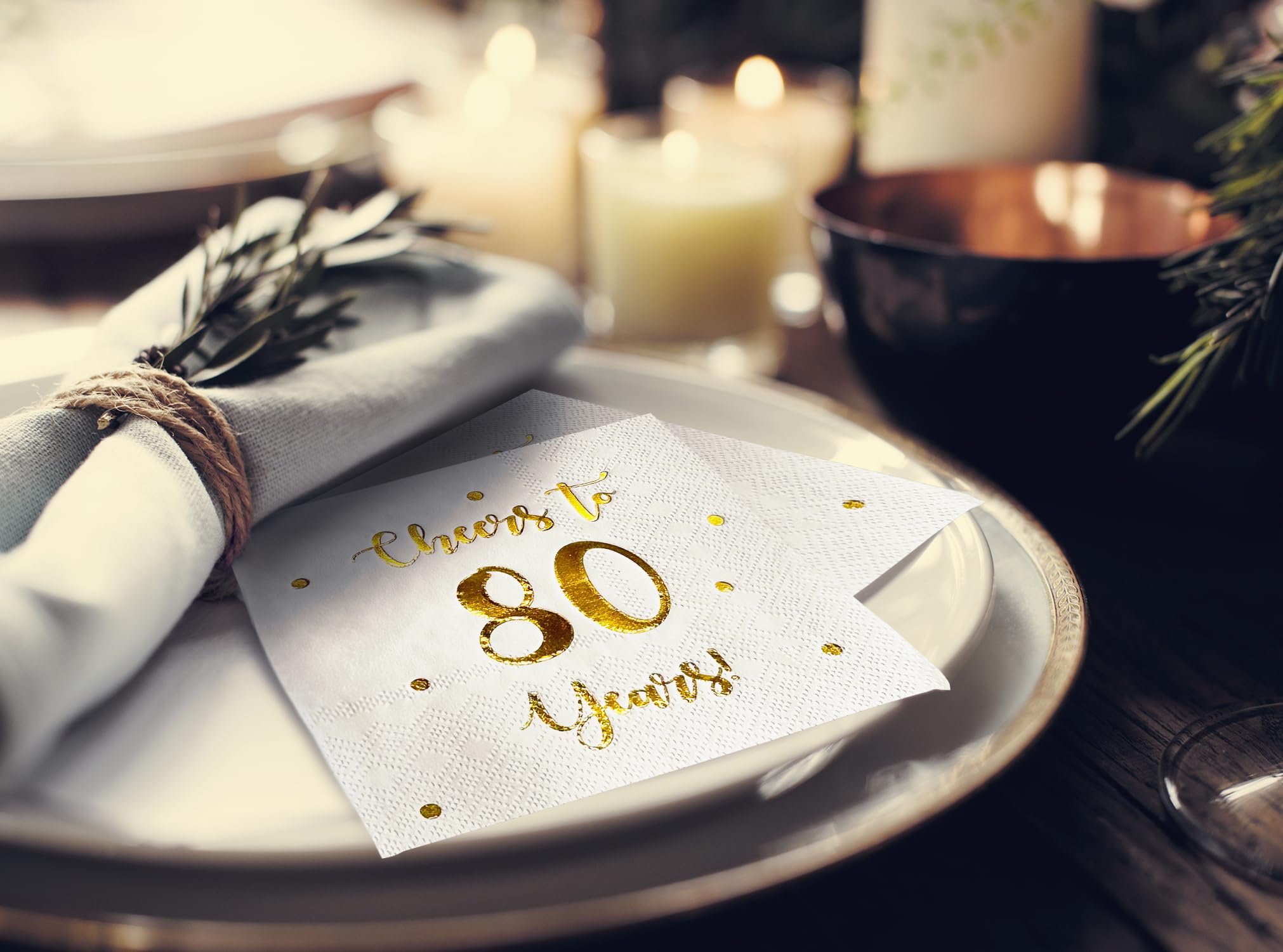 Cheers to 80 Years Cocktail Napkins | Happy 80th Birthday Decorations for Men and Women and Wedding Anniversary Party Decorations | 50-Pack 3-Ply Napkins | 5 x 5 inch folded (White)