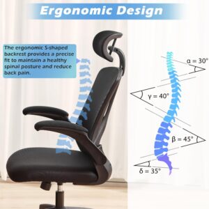 PrimeZone Ergonomic Office Desk Chair - Computer Chair with Adjustable Flip-Up Armrests, Lumbar Support, Headrest & Tilt Function, Comfortable Task Chair for Work Study, 350 lbs Capacity, Black