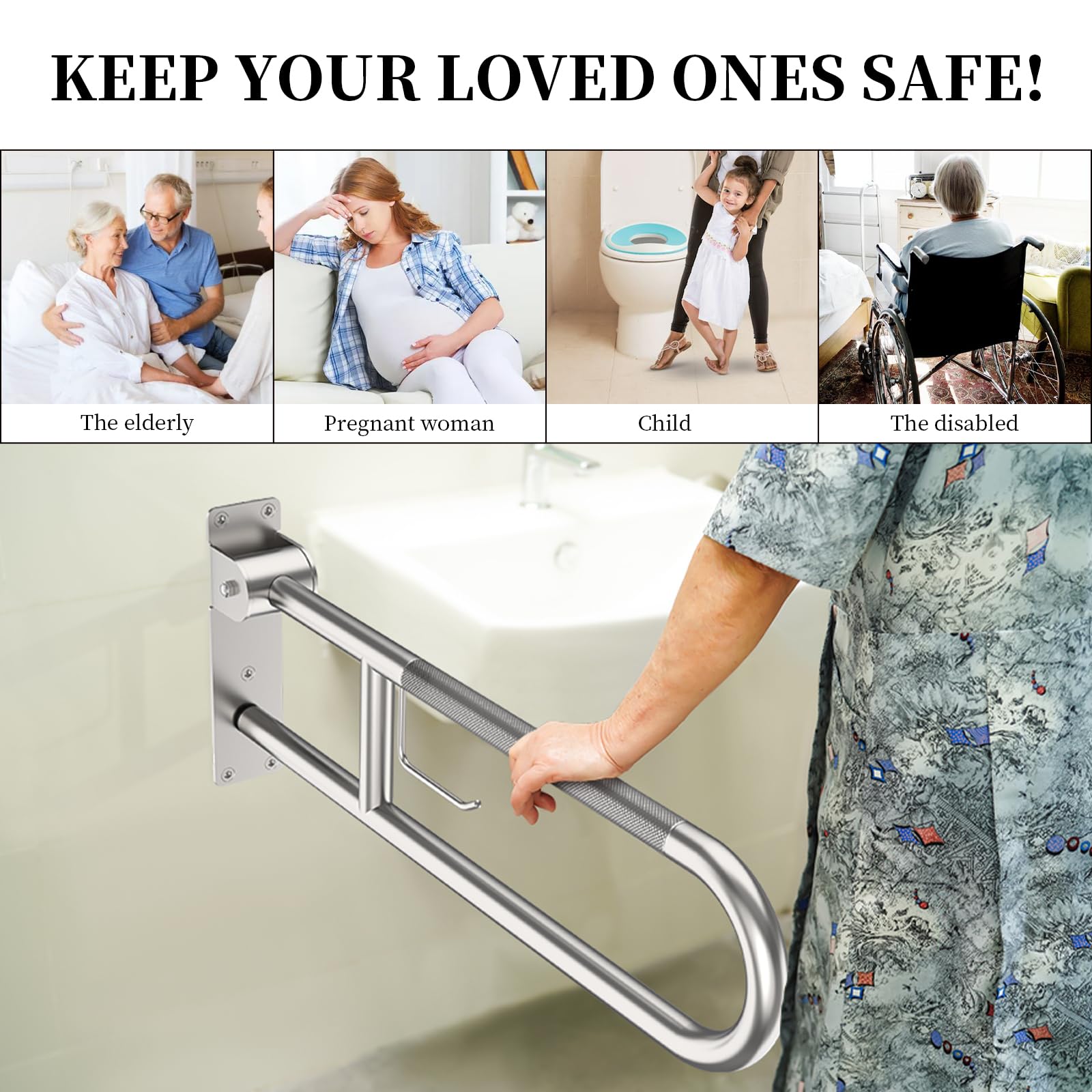 Toilet Grab Bar 30.3 Inch, YuanDe Brushed Nickel Anti-Slip Support Rail, U Shaped Flip-Up Grab Bar with Paper Holder, Stainless Steel Knurled Handicap Safety Handrails for Disabled Elderly Pregnant