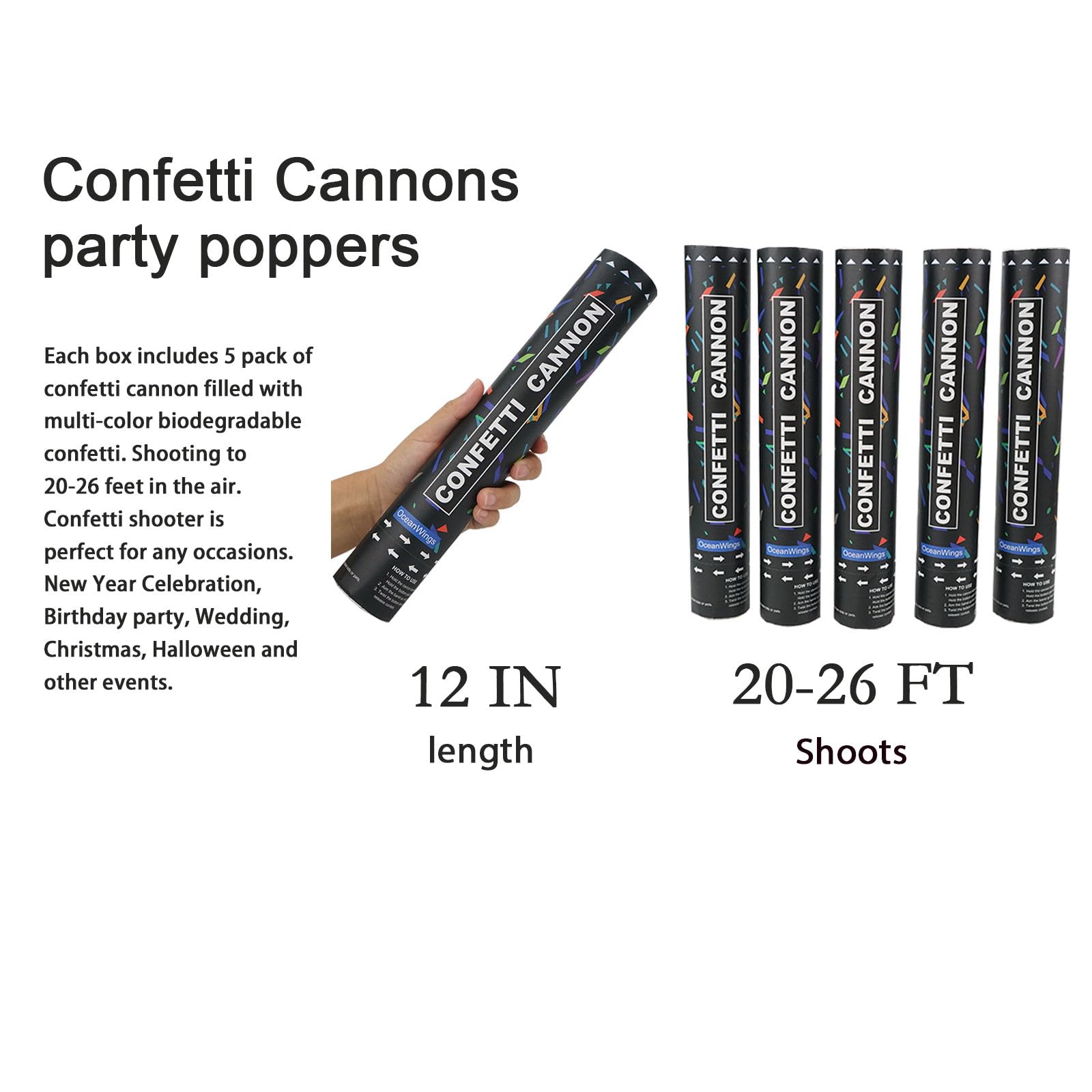 Biodegradable Confetti Cannon Party Poppers - 5 Pack Party Poppers Confetti Shooters for Birthday Graduation Wedding New Years Eve Celebration Office Prank, Large Confetti Cannon