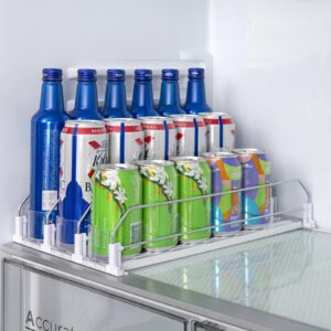 Rula Drink Organizer for Fridge, Width Adjustable Water Bottle Pusher Glide, Self-Pushing Soda Can Dispenser for Refrigerator - Holds up to 15 Cans (15"D, 3 Rows)