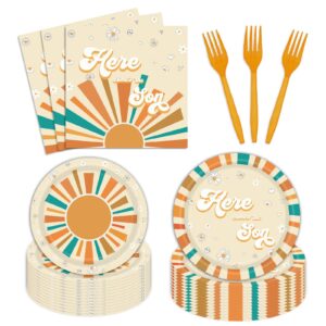 96 pieces here comes the son tableware set for baby shower table decorations retro sunshine daisy dessert plates napkins forks for 24 guests boy boho sun baby shower party supplies