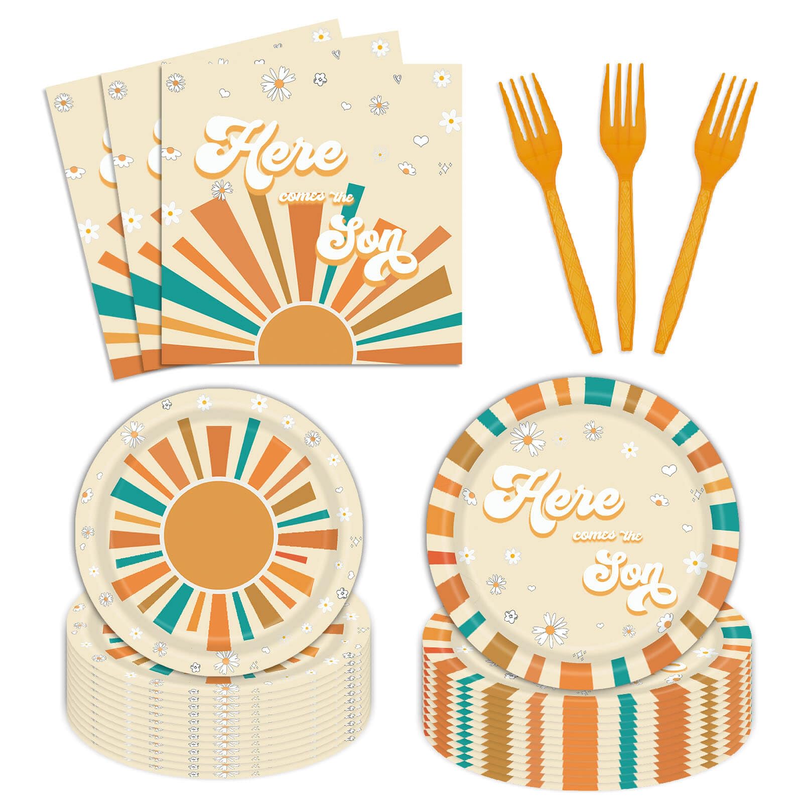 96 Pieces Here Comes The Son Tableware Set for Baby Shower Table Decorations Retro Sunshine Daisy Dessert Plates Napkins Forks for 24 Guests Boy Boho Sun Baby Shower Party Supplies