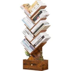 SHEEPAM 8 Tier Tree Bookshelf with Drawer, Free Standing Wood Bookcase for Narrow Space, Storage Organizer Bookshelves for Books, Book Case for Home Office, Living Room, Bedroom, Rustic Brown