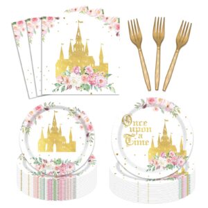 girl fairytale princess birthday tableware party supplies serves 24 guests once upon a time pink floral gold castle plates napkins forks for girls birthday party decoration supplies