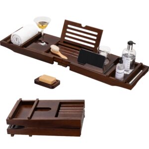 hblife teak bathtub caddy tray foldable bath table tray with book and wine glass holder, wooden expandable bathroom accessories