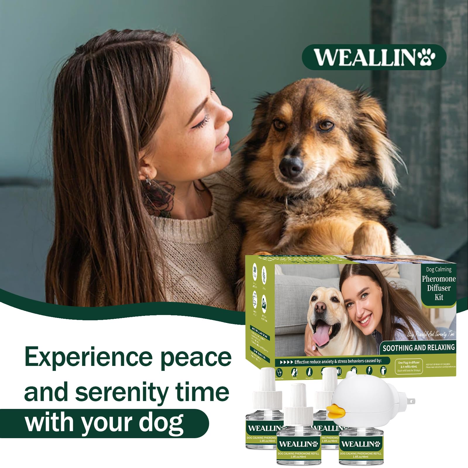 WEALLIN Dog Calming Diffuser Kit for Dog Anxiety Relief, 5-in-1 Dog Pheromone Diffuser Kit with 1 Diffuser +4 Refill 48ml Vial for 120-Day Use, Reduces Separation Anxiety, Aggression, and Stress