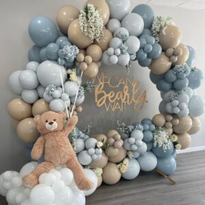 blue balloon arch kit, 132pcs dusty light baby blue balloons garland with brown double stuffed balloons for baby shower gender reveal boy birthday bear theme party decorations supplies