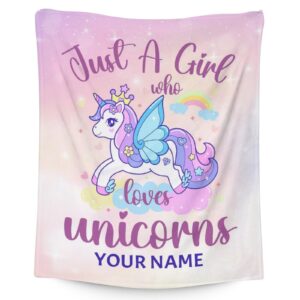 personalized unicorn blanket gifts with name text, 50"x60" cute throw blanket for adults kids, lightweight, plush, soft, cozy, warm, flannel blankets for bed couch