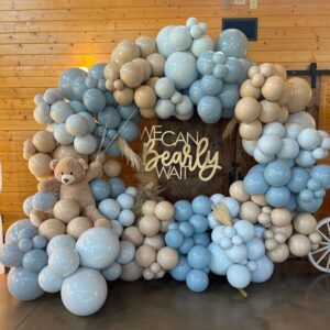 Blue Balloon Arch Kit, 132Pcs Dusty Light Baby Blue Balloons Garland with Brown Double Stuffed Balloons for Baby Shower Gender Reveal Boy Birthday Bear Theme Party Decorations Supplies