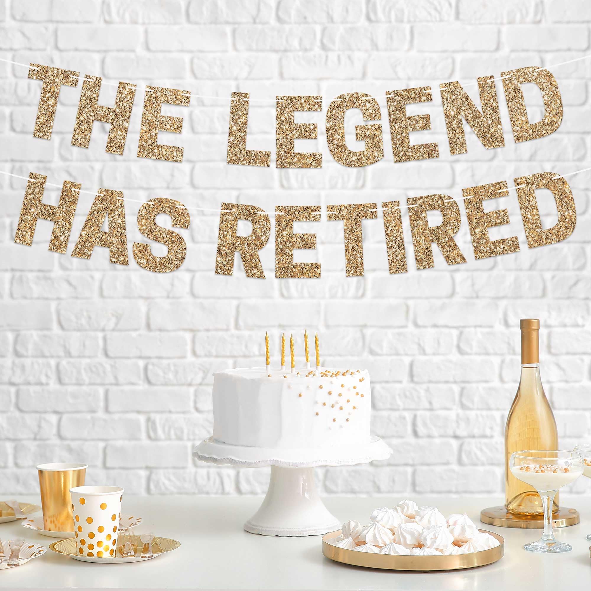 Pre-Strung The Legend Has Retired Banner - NO DIY - Gold Glitter Happy Retirement Banner - Pre-Strung on 8 ft Strand - Happy Retirement Party Decorations for Men & Women. Did we mention no DIY?