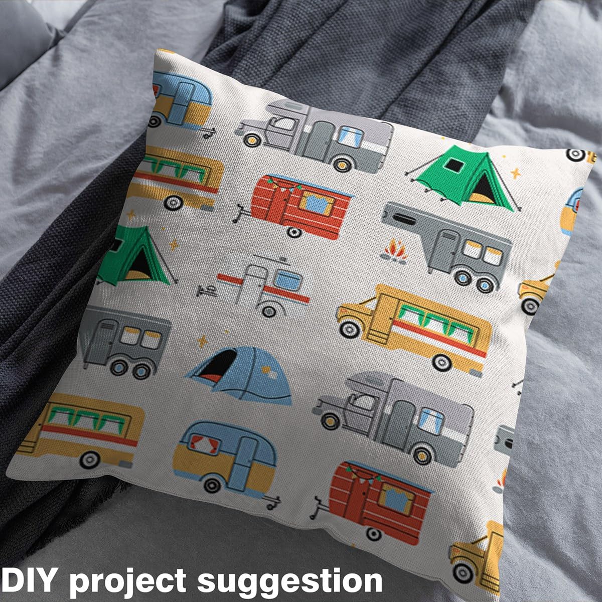 Campers Cars Fabric by The Yard,Jungle Travel Vehicle Indoor Outdoor Fabric for Home DIY Projects,Camping Campfire Tent Waterproof Fabric,Cartoon Kids Gifts Sewing Supplies,3 Yards