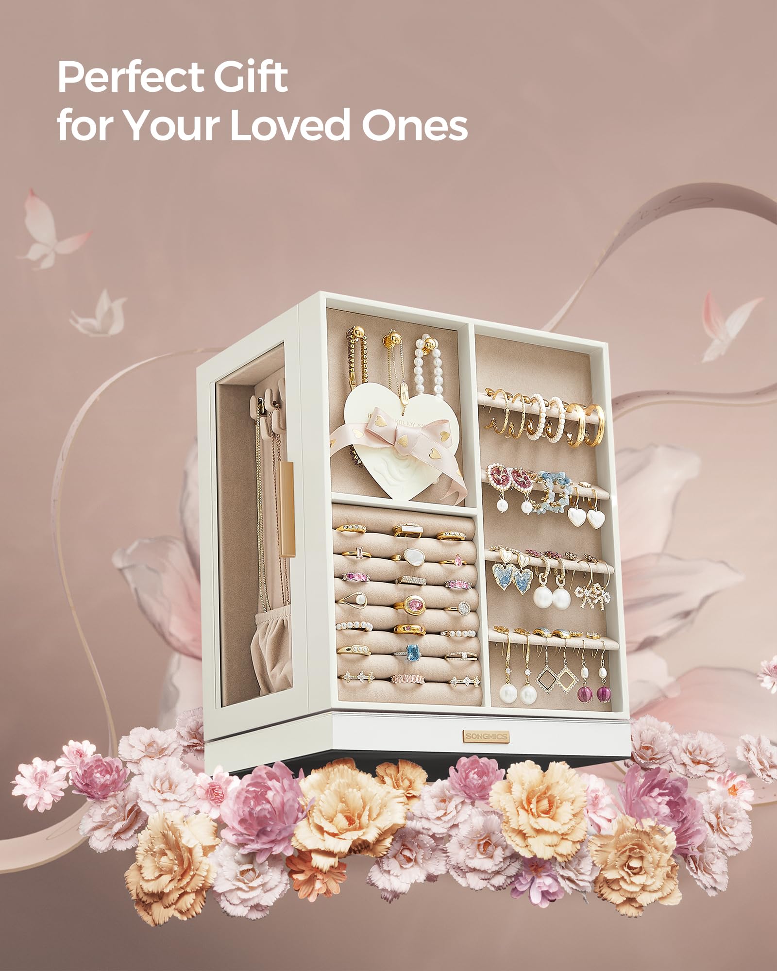 SONGMICS Jewelry Box 360° Rotating, Jewelry Storage Case with 5 Drawers, Jewelry Organizer, Glass Window, Spacious, Vertical Jewelry Storage, Open Design, Christmas Gift, Cloud White UJBC170W01